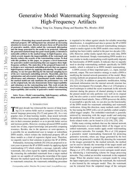 Generative Model Watermarking Suppressing High Frequency Artifacts Deepai