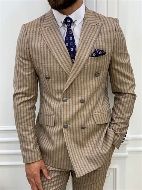 Brown Slim Fit Double Breasted Striped Suit For Men Bespokedailyshop