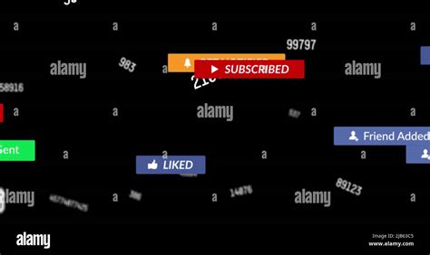 Image Of Social Media Icons Numbers And Text On Black Background Stock