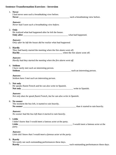 Sentence Transformation Exercises Inversion Pdf
