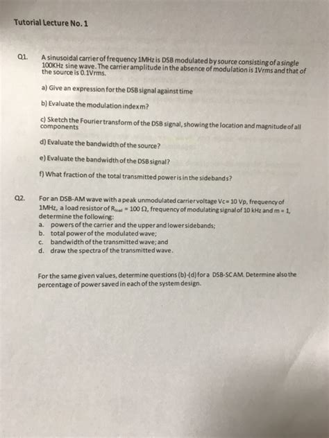 Solved Tutorial Lecture No 1 Q1 A Sinusoidal Carrier Of