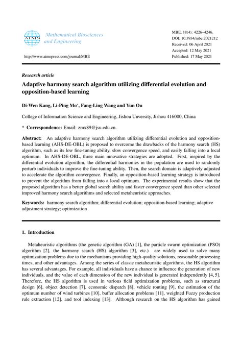 Pdf Adaptive Harmony Search Algorithm Utilizing Differential