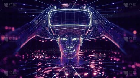 手持虚拟现实眼镜的虚拟人的3d渲染与霓虹灯紫外线线的虚拟数据包围。玩家开始vr游戏。虚拟现实的体验。素材 花瓣网