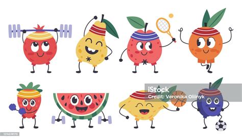 과일 피트니스 문자입니다 낙서 과일 마스코트는 스포츠 재미있는 사과 레몬 운동 건강한 운동과 명상 고립 벡터 아이콘 세트를 과일에 대한 스톡 벡터 아트 및 기타 이미지