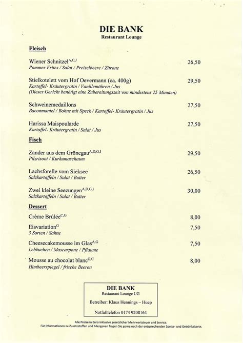 Speisekarte Von Die Bank Restaurant Lounge Ug Bünde