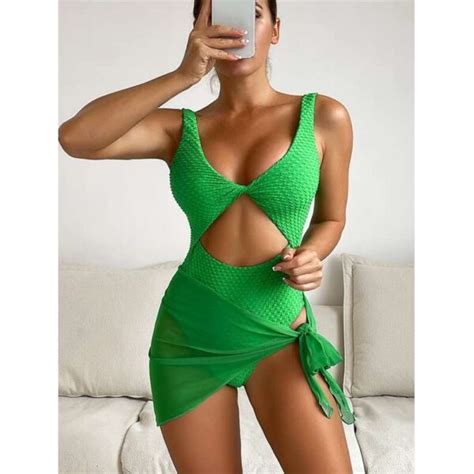 Green Monokini With Side Knot Beach Skirt Swimwear India