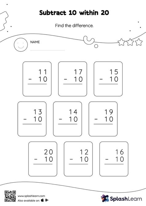 Subtract 10 Within 20 Vertical Subtraction Worksheet