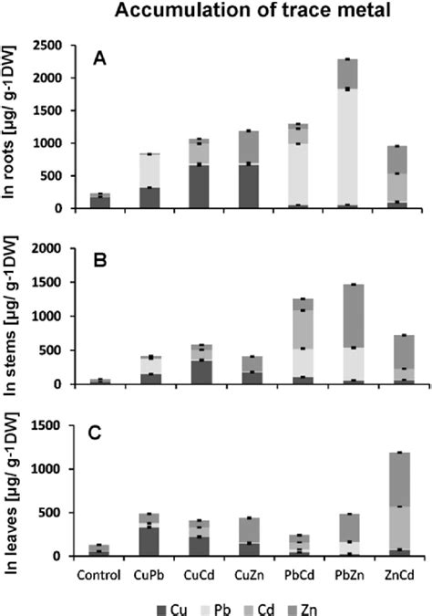 Accumulation Of Metals Pb Cu Cd And Zn In The Roots A Stems B Download Scientific