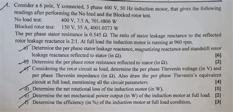 Solved Consider A 6 Pole Y Connected 3 Phase 400 V50 Hz