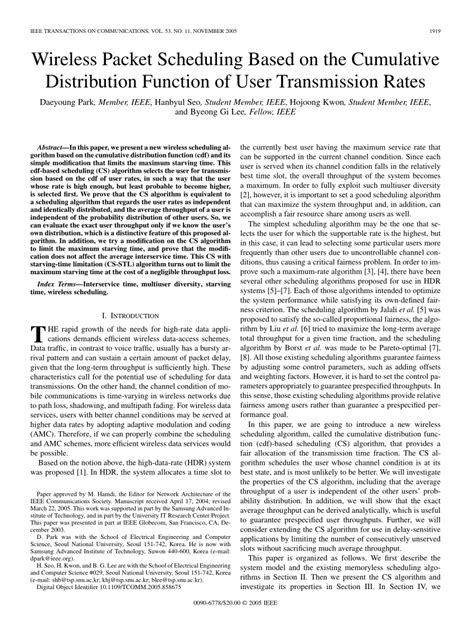 Pdf Wireless Packet Scheduling Based On The Cumulative Distribution