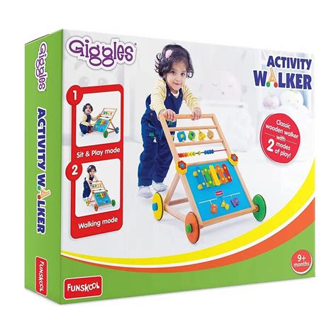 Funskool Giggles Standard Activity Walker With Toy Tray Wood Frame 2 Level Height Adjustment
