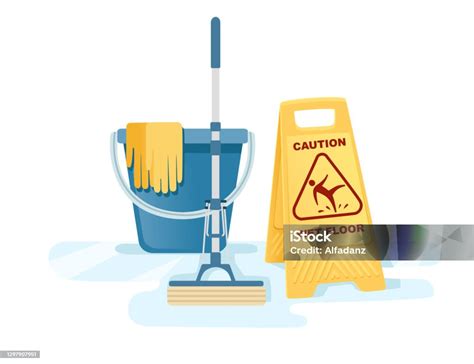 청소 도구 의 그룹 젖은 바닥 사인 걸레 양동이 청소 공급 평면 벡터 그림 에 흰색 배경 가사 집안일에 대한 스톡 벡터 아트 및 기타 이미지 가사 집안일 가정용 장비