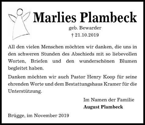 Traueranzeigen Von Marlies Plambeck Trauer Anzeigende