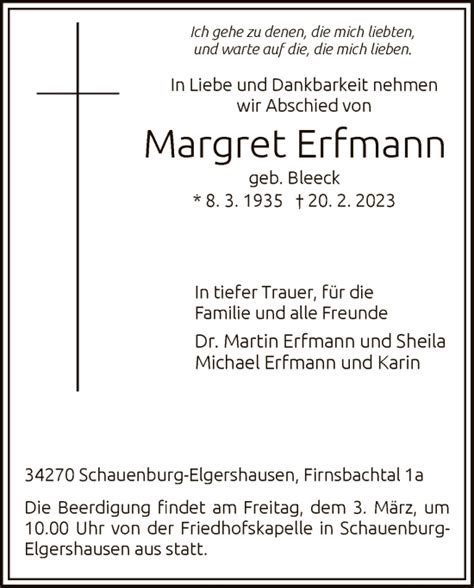 Traueranzeigen Von Margret Erfmann Trauer Hna De