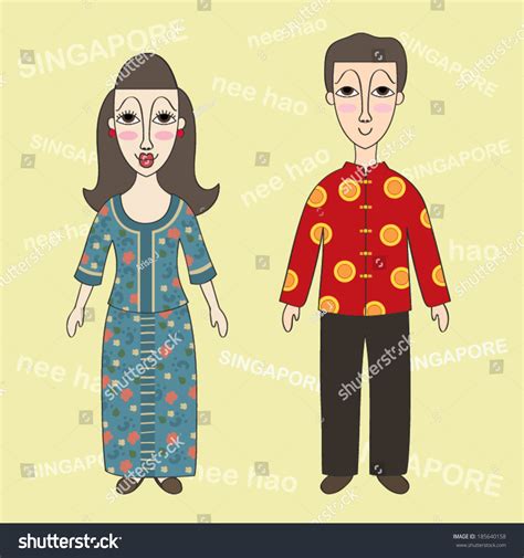 Singapore Traditional Costume Word Say Hello เวกเตอรสตอก ปลอดคาลขสทธ