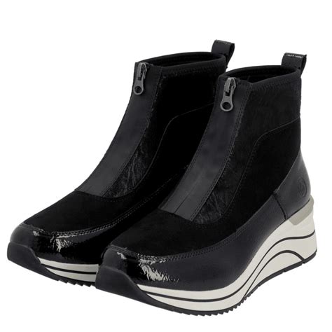 Remonte D0t71 Black Patent Zip Front Ankle Boots Millars Shoe Store