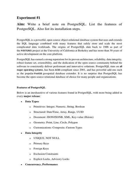 Experiment 1 An Overview Of Postgresqls Features And Installation Process Pdf Postgre
