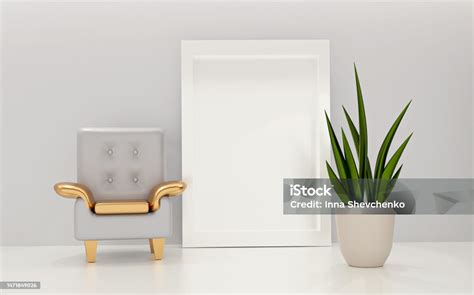 안락의자와 녹색 화분이 있는 흰색 객실입니다 텍스트를 위한 장소가 있는 빈 흰색 큰 프레임 미니멀리즘 개념스칸디나비아 방
