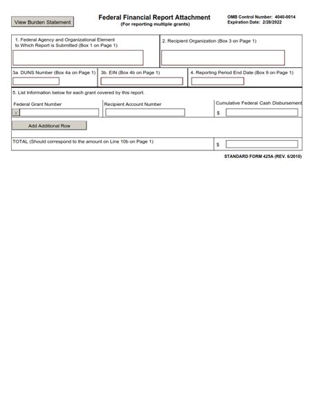 Sf 425a Form Federal Financial Report Attachment For Reporting