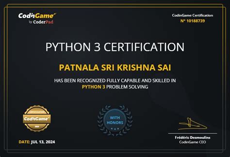patnala sri krishna sai on linkedin codingame certification