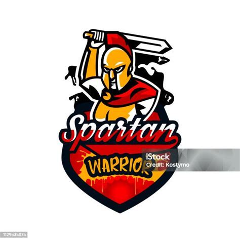엠 블 럼 로고 배지 칼으로 스파르타 고 대 그리스 전사 황금 갑옷 Hoplite 코 린 트 헬멧 군인 방패 벡터 일러스트 레이