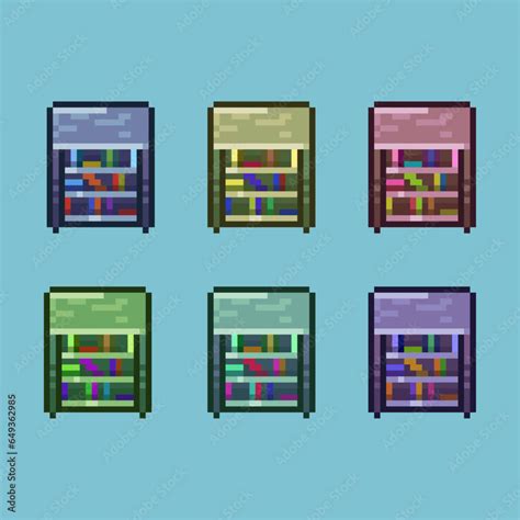 Pixel Art Sets Of Bookshelf With Variation Color Item Asset Simple