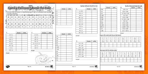 Spooky Halloween Break The Code Math Worksheet For 3rd 5th Grade