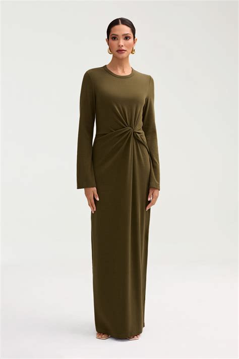 Aissia Ribbed Twist Front Maxi Dress Olive Night