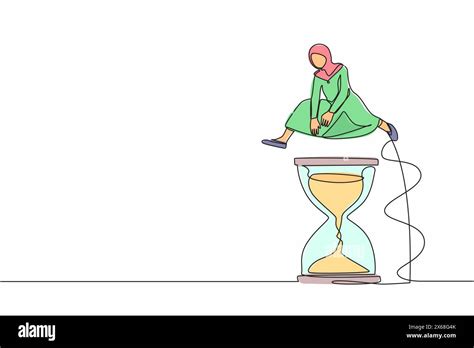Single One Line Drawing Arabian Businesswoman Jump Over Hourglass Deadline Or Working Time