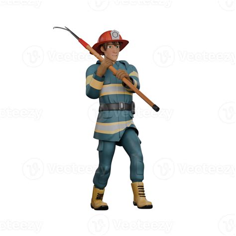 3d Male Firefighter Action A Firefighter Stands Holding A Bush Hook Or