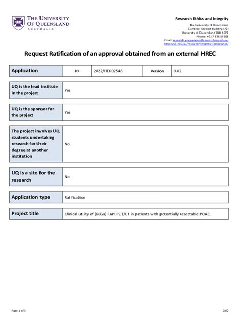 Fillable Online Uq Human Ethics Application Form Ratification
