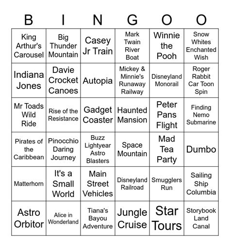 Disneyland Ride Guess Bingo Card