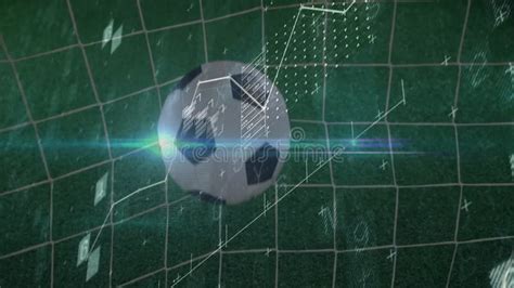 On Green Field Soccer Ball With Animation Of Digital Data And Graphs