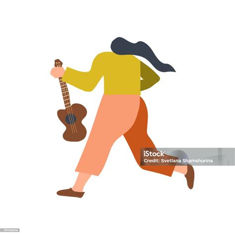 어쿠스틱 기타와 기타리스트 재미있는 음악 록 스타 캐릭터의 백뷰 플랫 벡터 낙서 그림 가득 찬에 대한 스톡 벡터 아트 및 기타