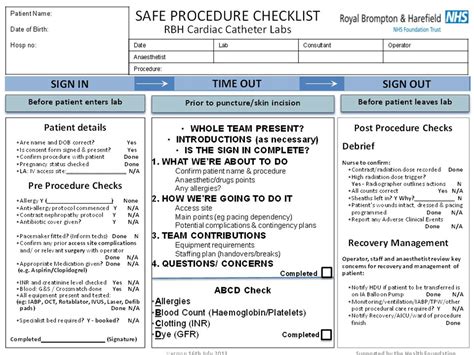 Use Of A Safe Procedure Checklist In The Cardiac Catheterisation