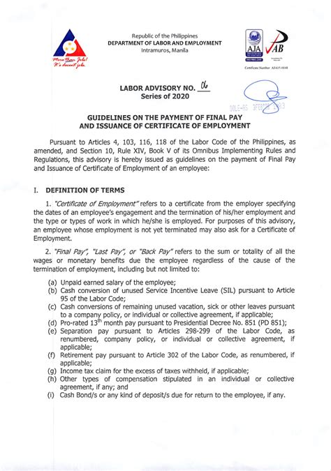 Dole Issues Guidelines On The Payment Of Final Pay And Issuance Of Certificate Of Employment