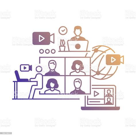 일러스트 레이션 비디오 컨퍼런스 개념의 벡터 집합입니다 웹 페이지 배너 포스터 인쇄 등을 위한 라인 아트 스타일 배경 디자인 벡터 일러스트레이션 인터넷에 대한 스톡 벡터