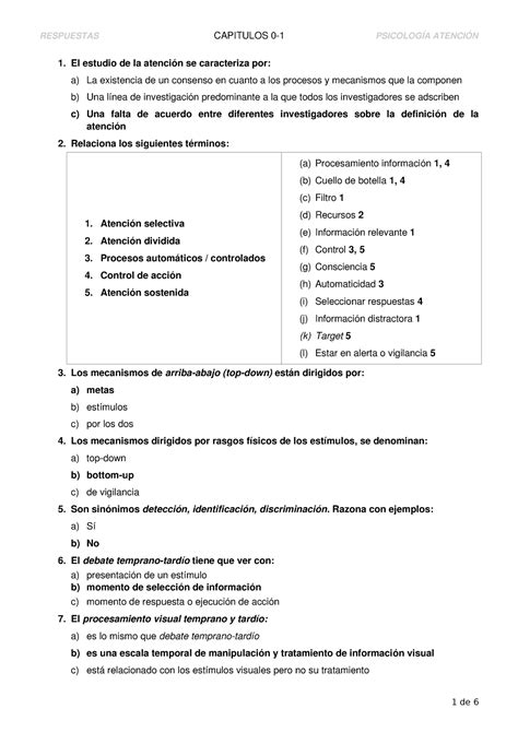 Atencion Con Respuestas por Temas y PEC RESPUESTAS CAPITULOS PSICOLOGÍA ATENCIÓN El
