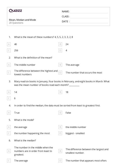 50 Mean Median And Mode Worksheets For 7th Year On Quizizz Free And Printable