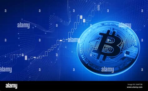 Bitcoin With Candlestick Chart Virtual Currency Blue Color 3d