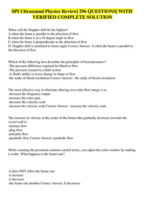 SPI Ultrasound Physics Review 296 QUESTIONS WITH VERIFIED COMPLETE