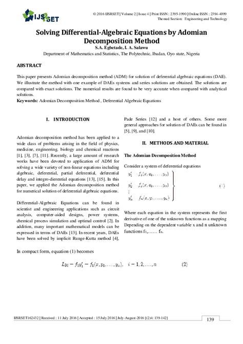 Pdf Solving Differential Algebraic Equations By Adomian Decomposition