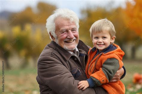 Gray Haired Old Man Holds His Little Grandson In His Hands Grandpa And