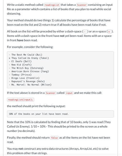 solved write a static method called readinglist that takes a
