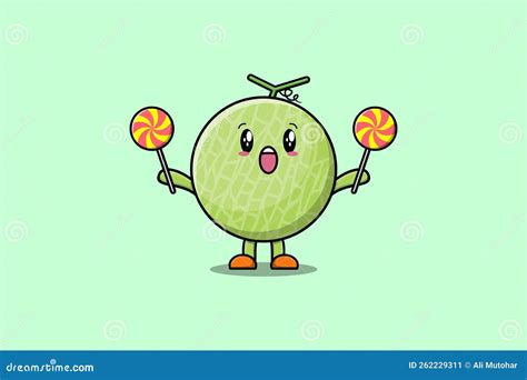 Cute Cartoon Melon Character Hold Lollipop Candy Stock Vector