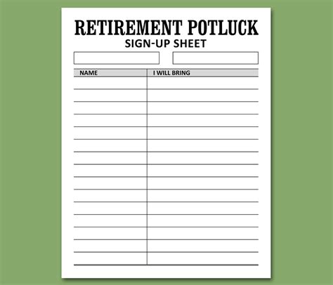 Retirement Potluck Sign Up Sheet Printable Template Brunch Dinner