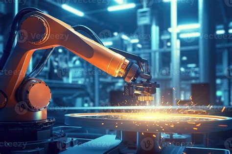 Arm Robot Operating With Screen Monitor Control In Smart Factory Advanced Industrial Automation