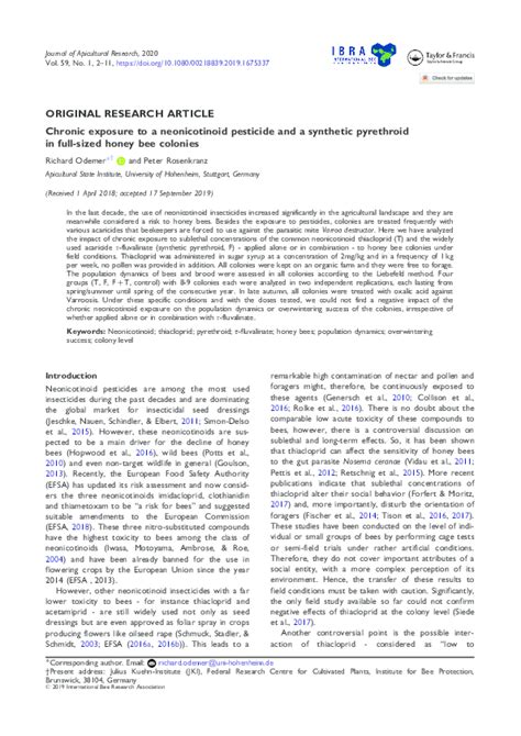 Pdf Chronic Exposure To A Neonicotinoid Pesticide And A Synthetic