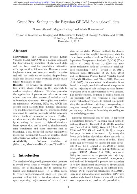 Pdf Grandprix Scaling Up The Bayesian Gplvm For Single Cell Data