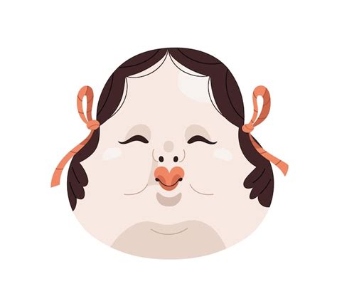 일본 가부키 극장용 노 가면인 오카메 아시아 축제를 위한 둥근 뺨을 가진 여성 얼굴 동양 여자 머리 평면 그래픽 벡터